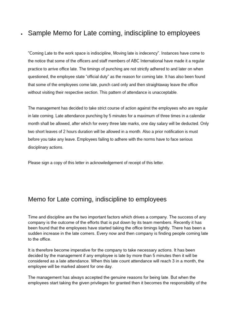 Sample Memo For Late Coming | PDF