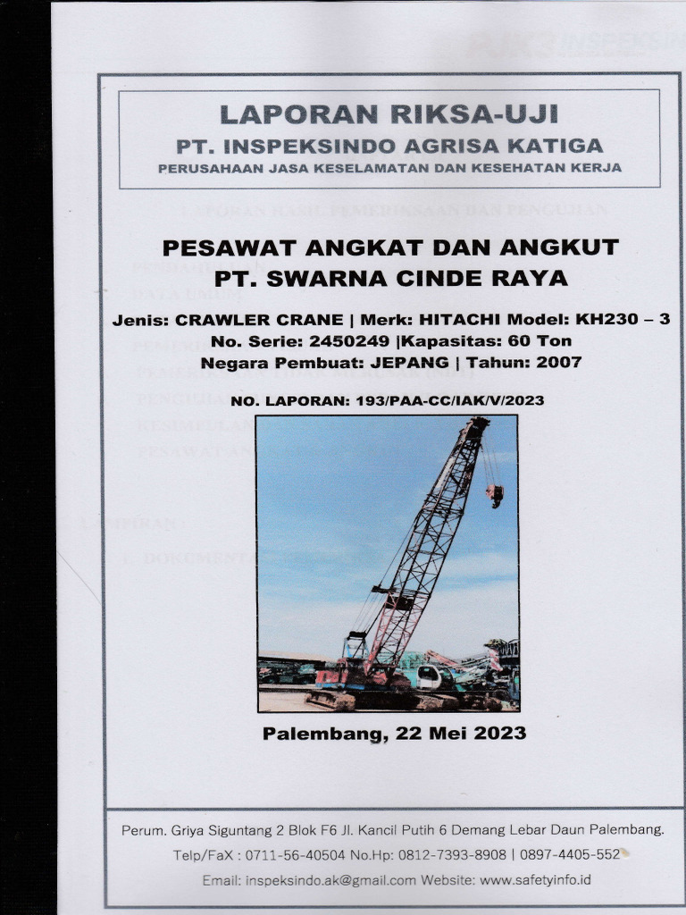 Laporan Riksa Uji Pesawar Angkat dan Angkut Crawler Crane Hitachi 60 Ton NS; 2450249 (2) | PDF