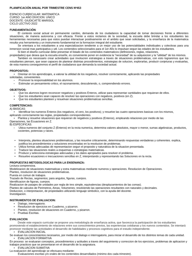 Planificacion Matematica 1ero Fernandez Cens 453 | PDF | Evaluación ...