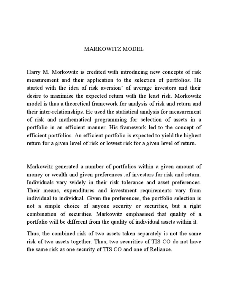 Markowitz Model | Modern Portfolio Theory | Risk