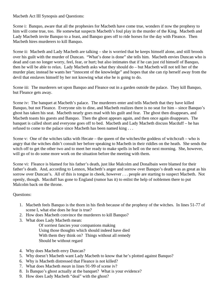 Macbeth Act III Synopsis and Questions | PDF