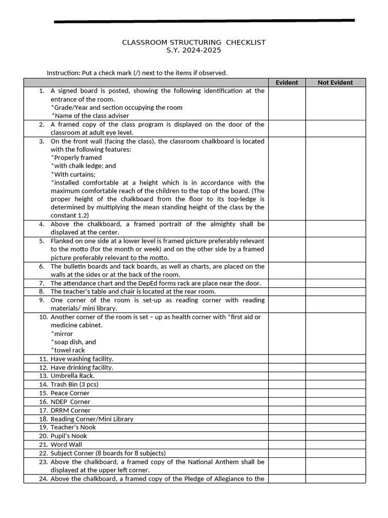 Classroom Structuring Checklist 2024-2025 | PDF | Classroom | Art