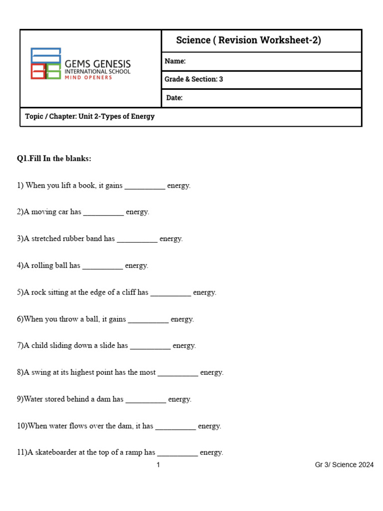 Grade 3 Science Revision Worksheet-2 | PDF