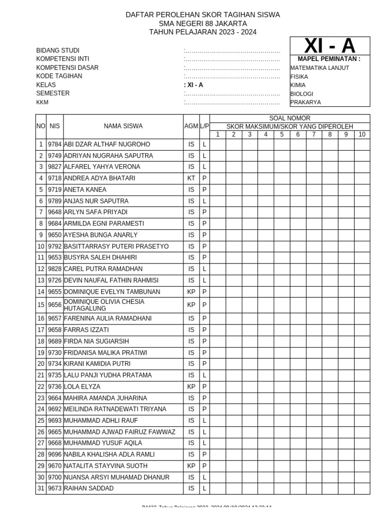 Daftar Nama Siswa Kelas Xi Tahun 2023-2024 | PDF