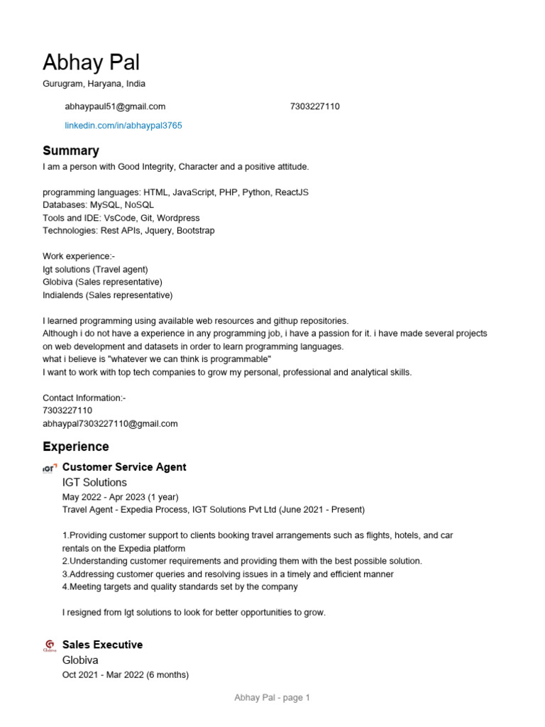 Resume Abhay Pal | PDF | Computing | Software Development
