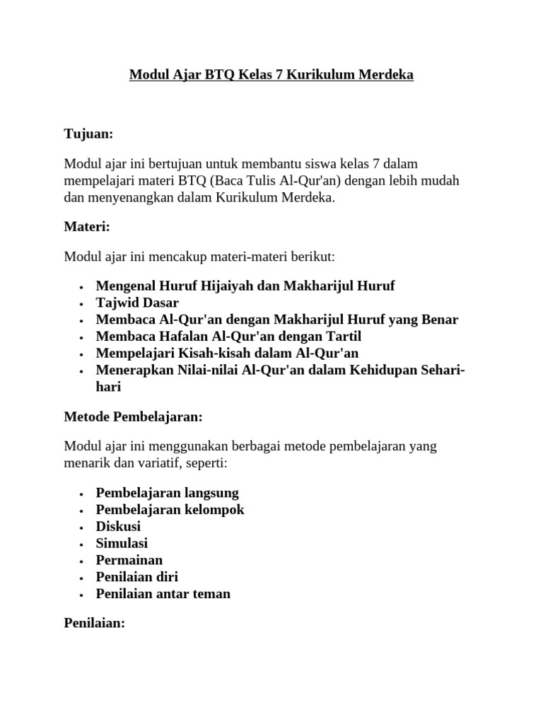 Modul Ajar BTQ Kelas 7 Kurikulum Merdeka | PDF
