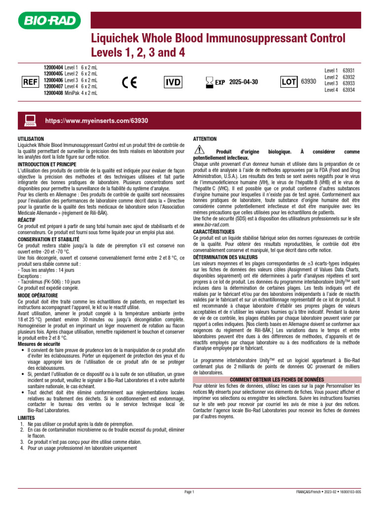 Liquichek Whole Blood Immunosuppressant Control Levels 1, 2, 3 and 4 | PDF