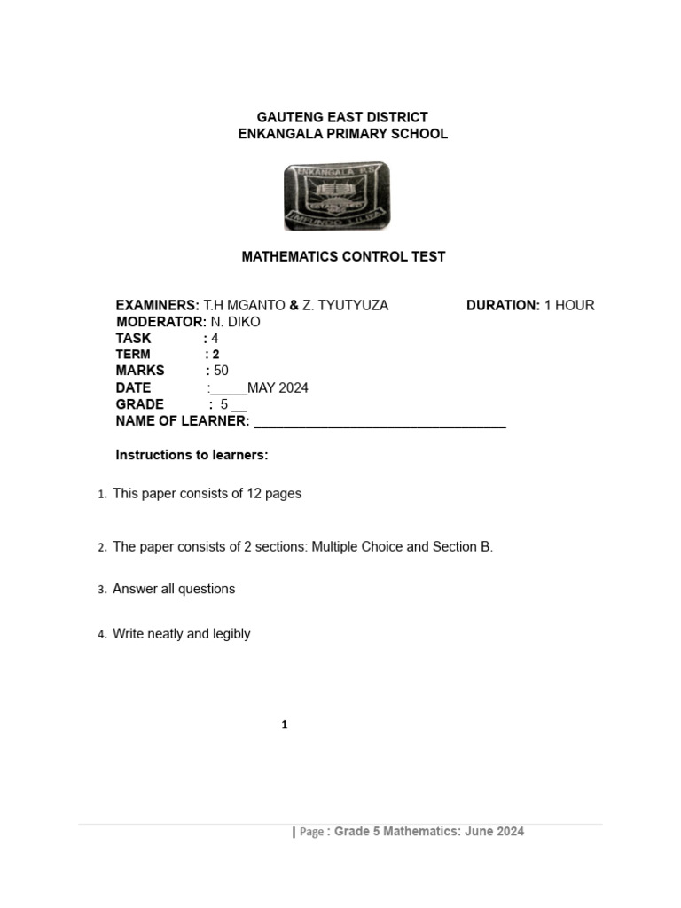 Maths Grade 5 2024 | PDF