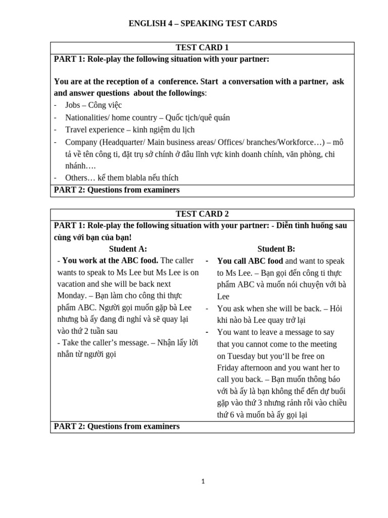 E4 Speaking Test Cards | PDF