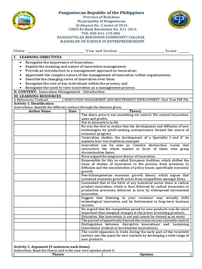 Innovation Management Worksheet | PDF | Innovation | Entrepreneurship