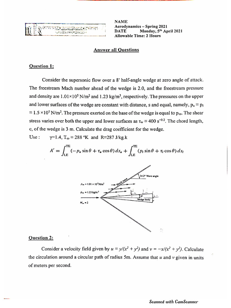 Aerodynamics Midterm 2020-2021 | PDF
