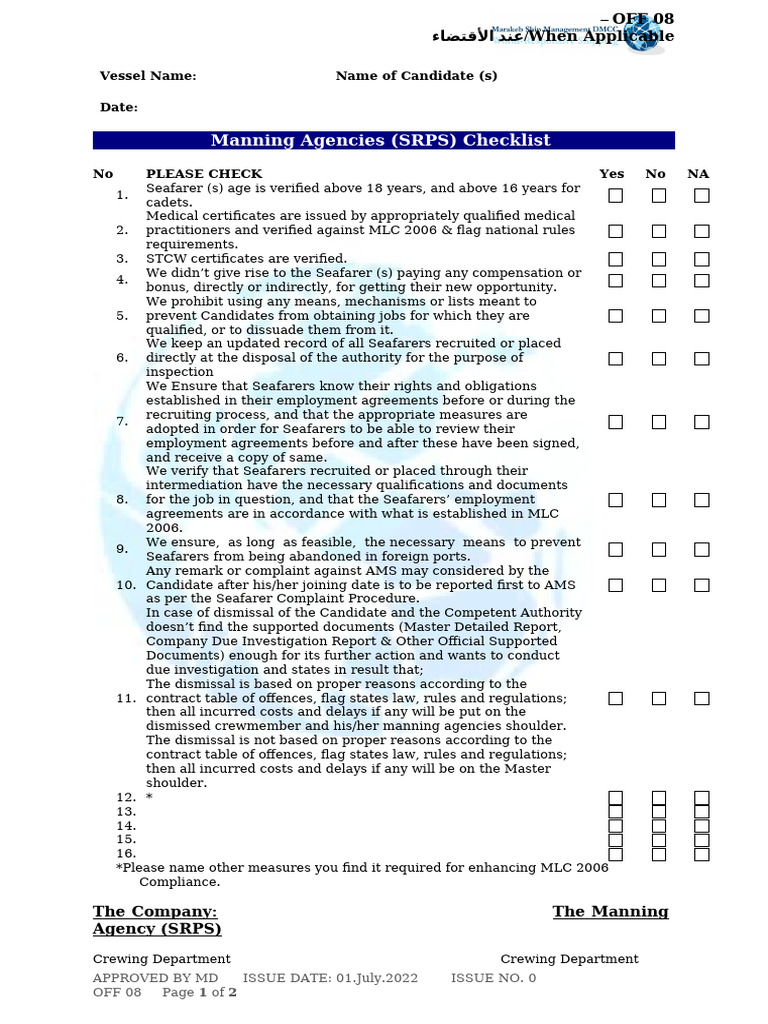 OFF 08 - Manning Agencies (SRPS) Checklist - Office | PDF