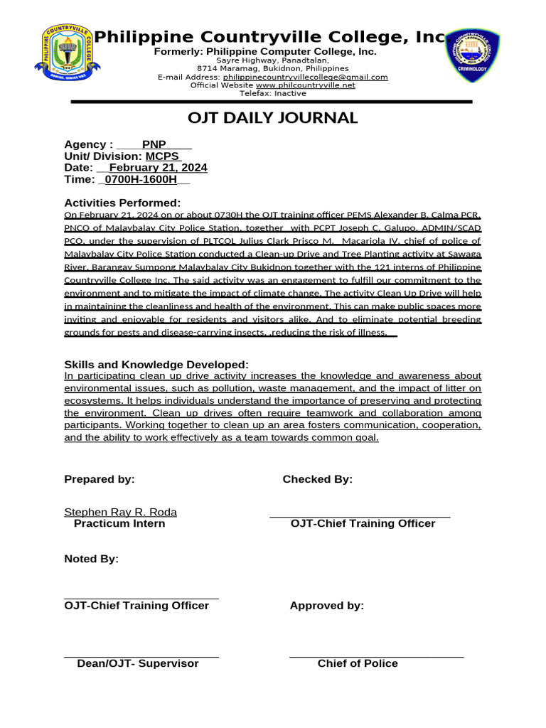 OJT Daily Journal: Philippine Countryville College | PDF ...
