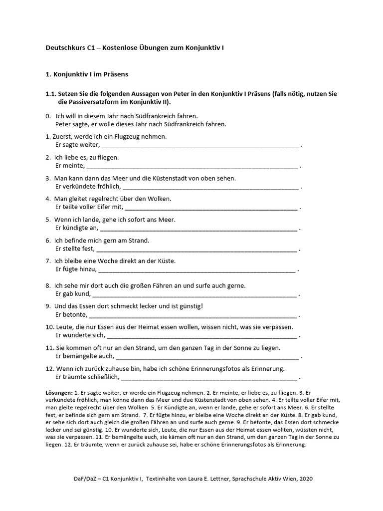 Konjunktiv I Deutsch Grammatik C1 Uebungen Mit Loesungen | PDF