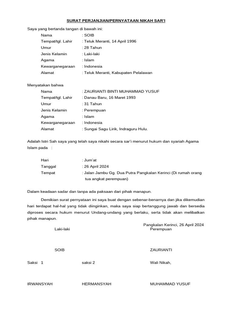 SURAT PERJANJIAN NIKAH SIRIH | PDF