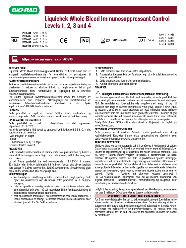 Liquichek Whole Blood Immunosuppressant Control Levels 1, 2, 3 and 4 | PDF