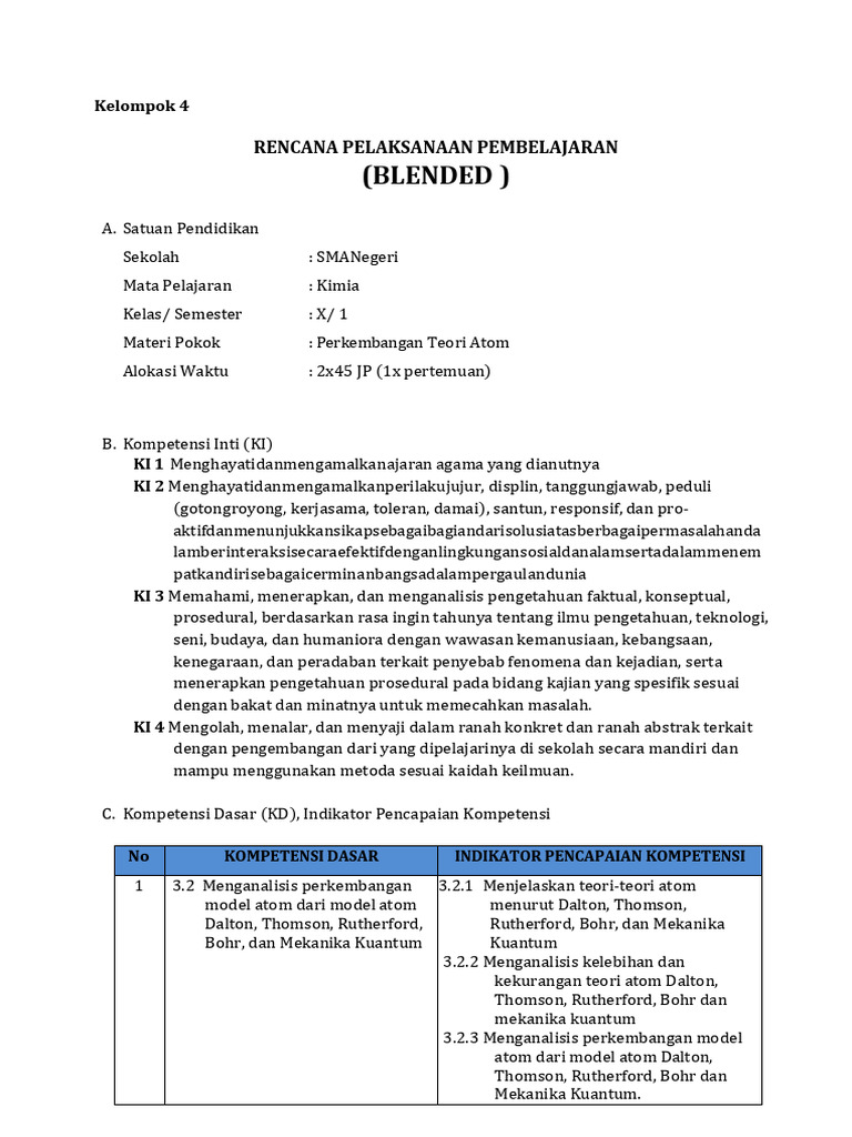 Rpp-Kimia-Inovasi-Blended-Learning-Teori Atom KLP 4-1 | PDF | Atomic Physics | Atomic