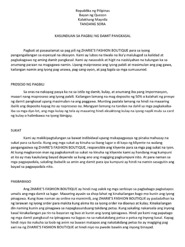 Kasunduan Sa Pagbili NG Damit | PDF Kasunduan Sa Pagbili NG Damit | PDF