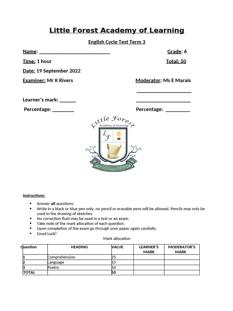 Grade 6 Cycle Test Term 3 | PDF