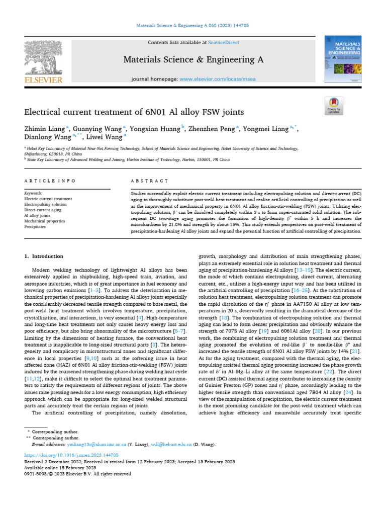 Electrical current treatment of 6N01 Al alloy FSW joints | PDF