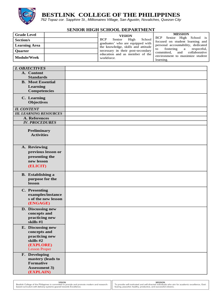 Sample Lesson Plan Blank BCP | PDF | Learning | Pedagogy