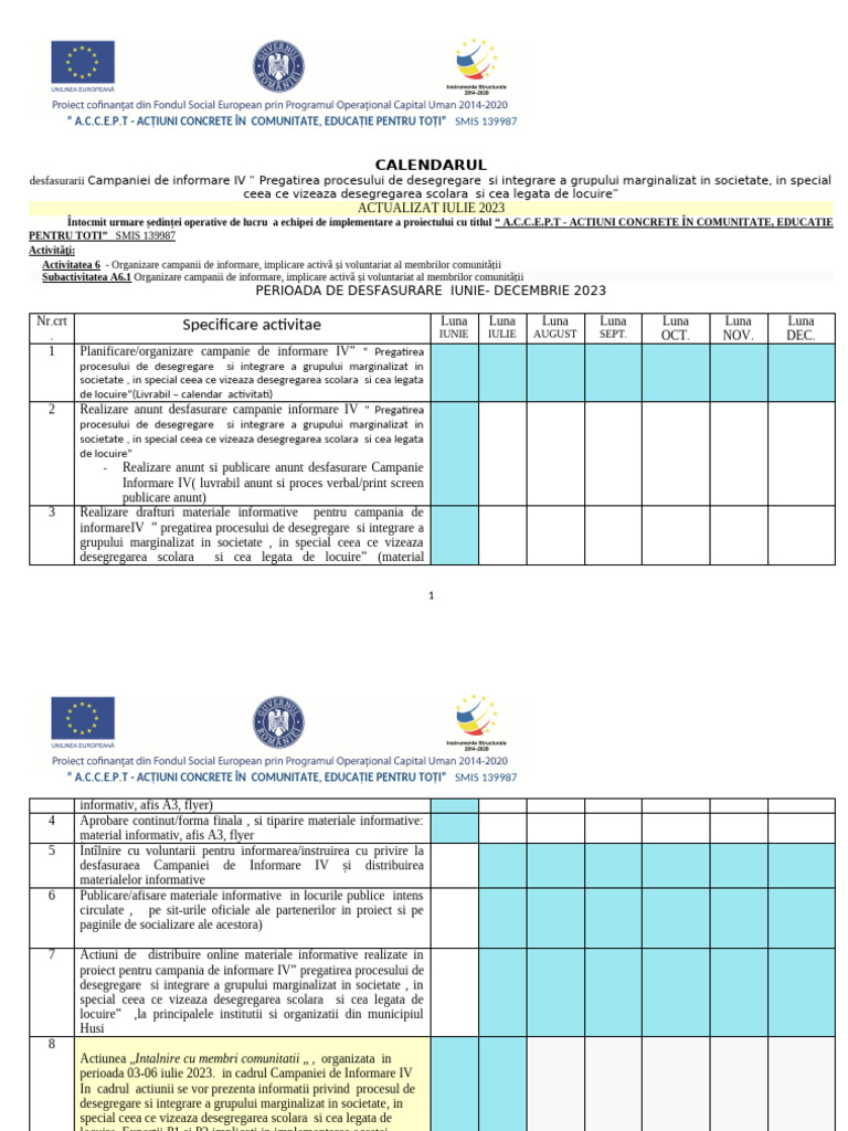 Iulie Calendar Campanie de Informare Iv 2023 | PDF
