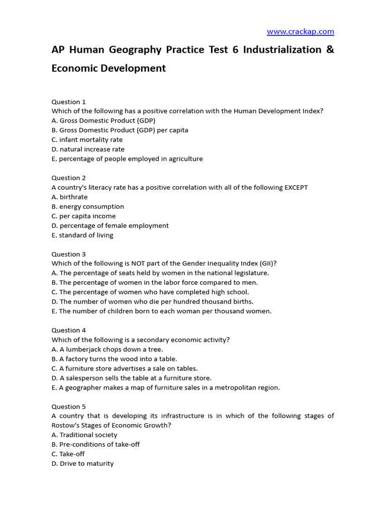 AP Human Geography Practice Test 6 Industrialization & Economic ...