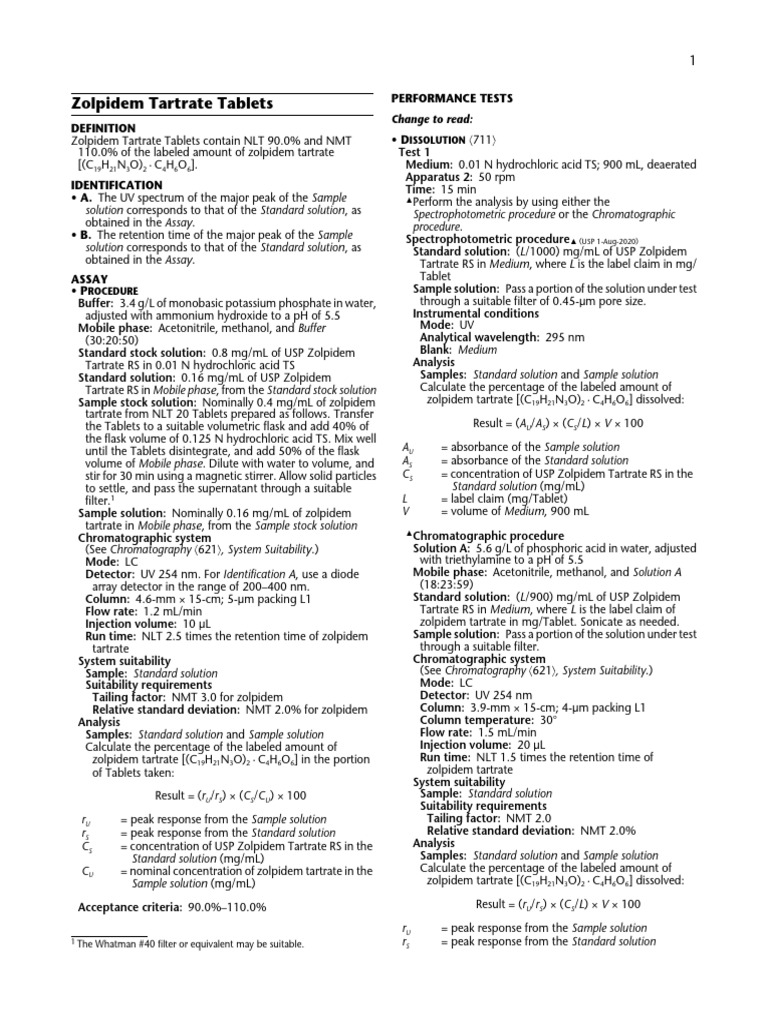 Zolpidem Tartrate Tablets | PDF