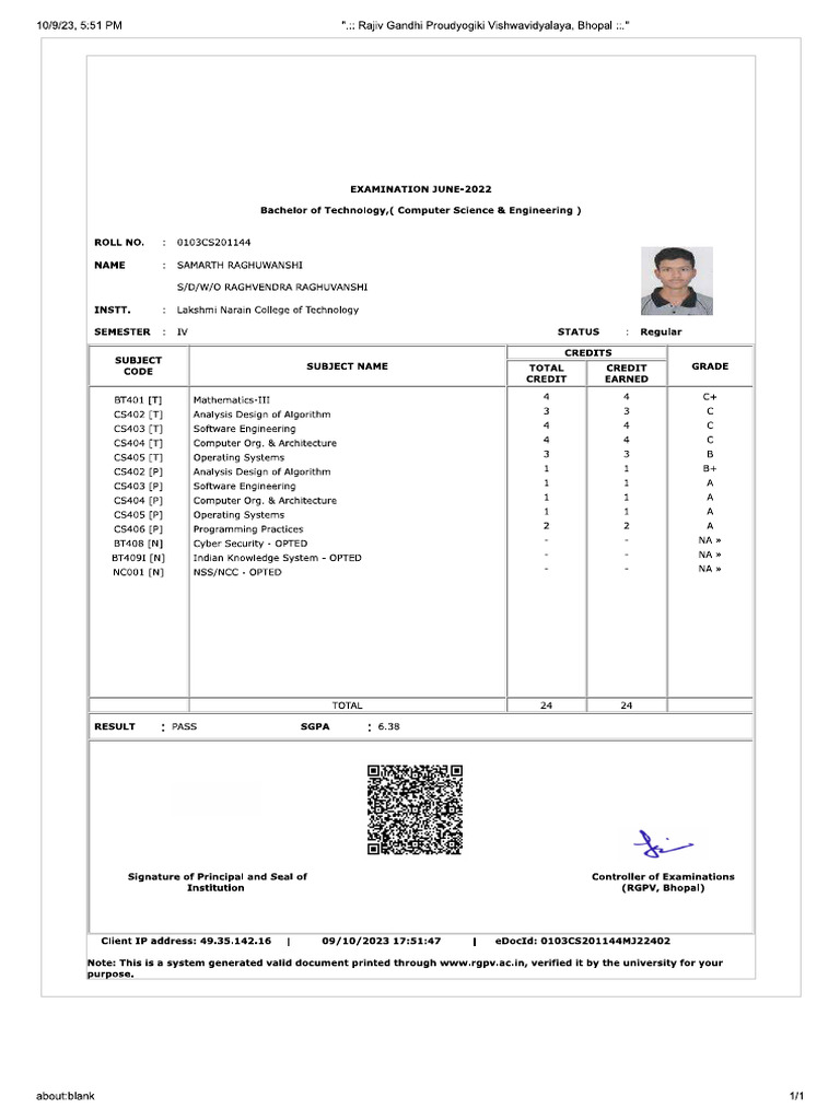 4th Sem Marksheet | PDF