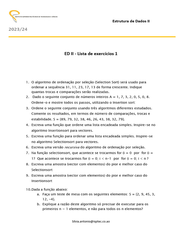 ED2 - Lista de Exercícios1 | PDF | Algoritmos y Estructuras de Datos | Algoritmos