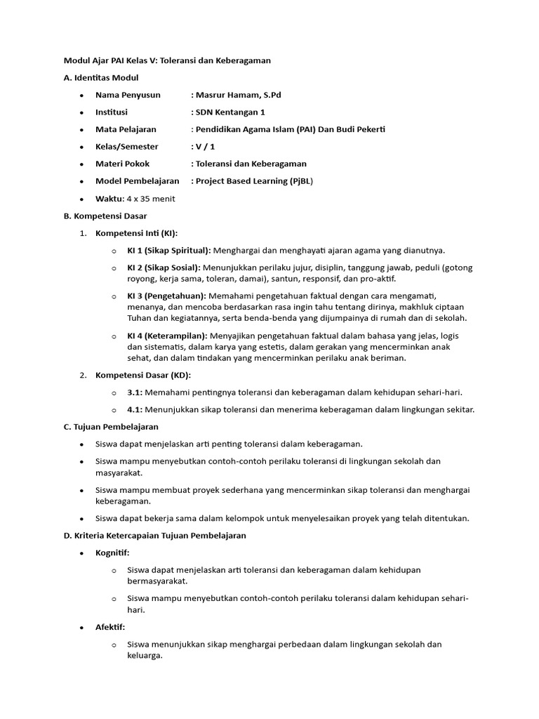 LK. 7 Modul Ajar PAI Kelas V Toleransi PJBL | PDF