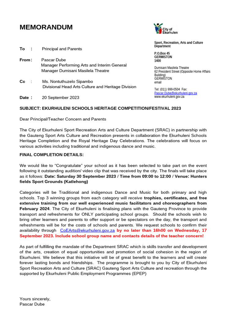 Memo To Schools - Ekurhuleni Schools Heritage Competition 2023 | PDF