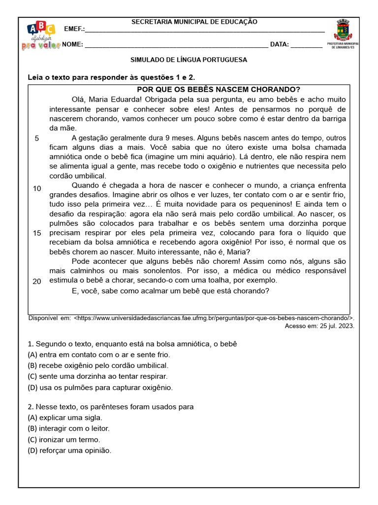 Simulado de Lã - Ngua Portuguesa 1 | PDF