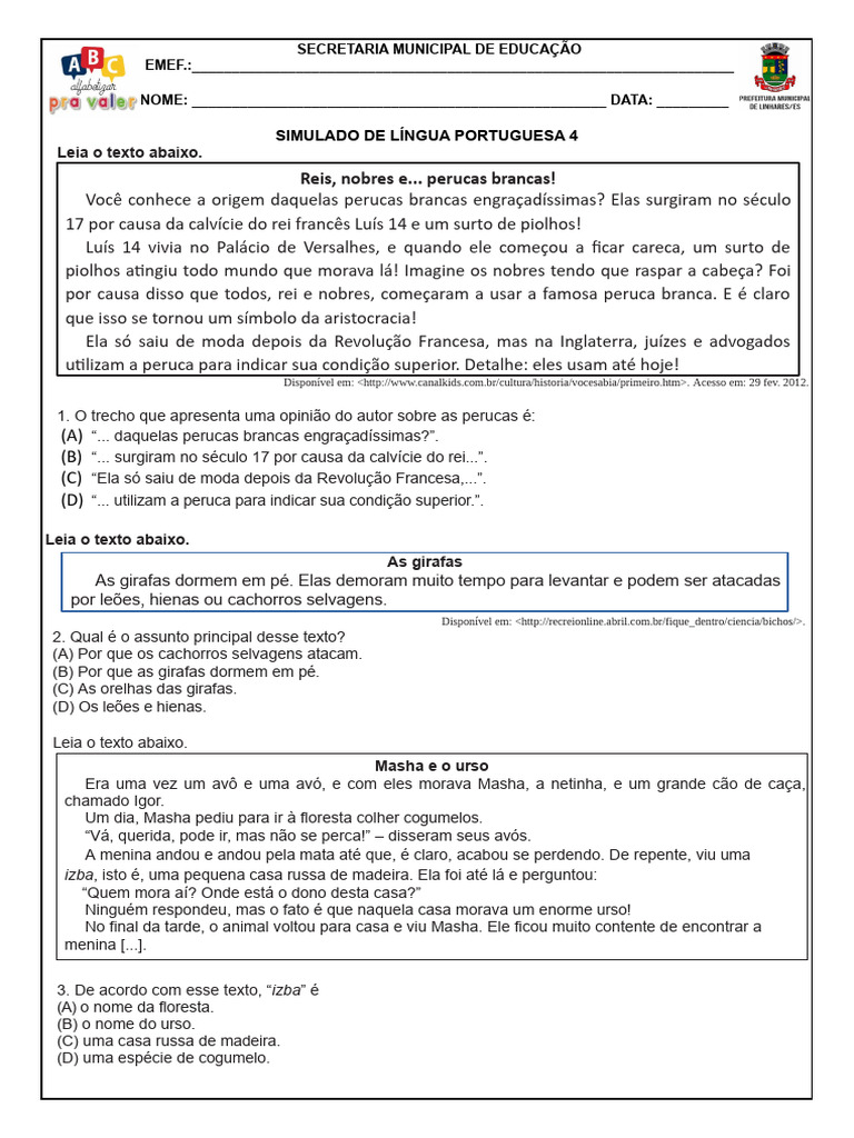 Simulado de Lã - Ngua Portuguesa 5 | PDF