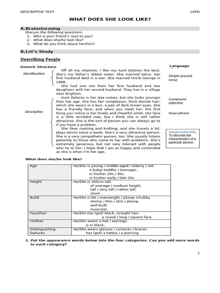 LKPD - Descriptive Text (Describing People & Thing) | PDF