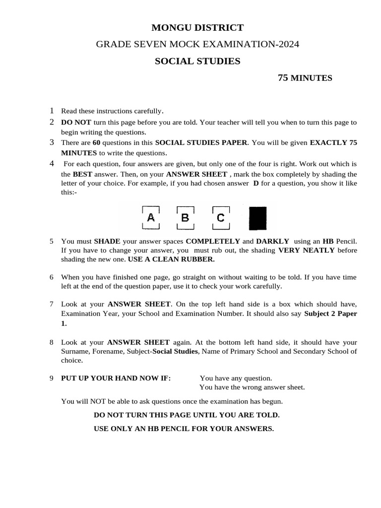 2024 Grade 7 Social Studies District Mock Exams - 074306 | PDF