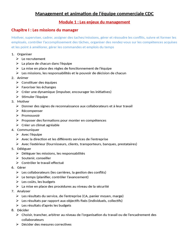 Cours Management Et Animation CDC B | PDF