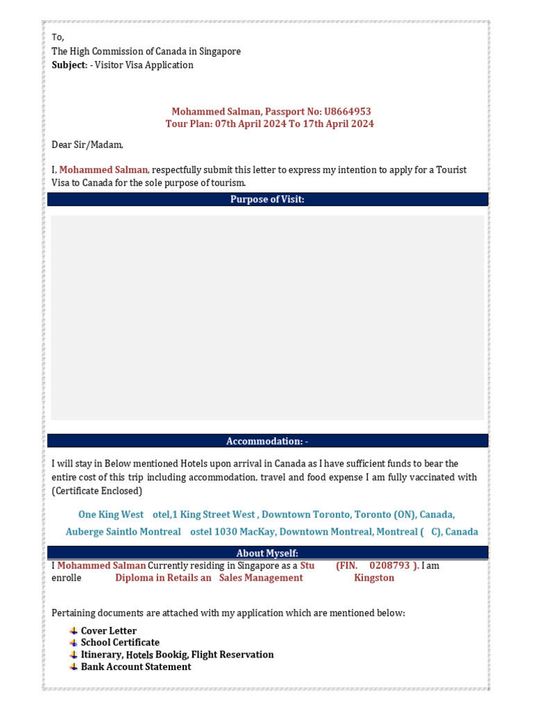 Visa Covering Letter | PDF