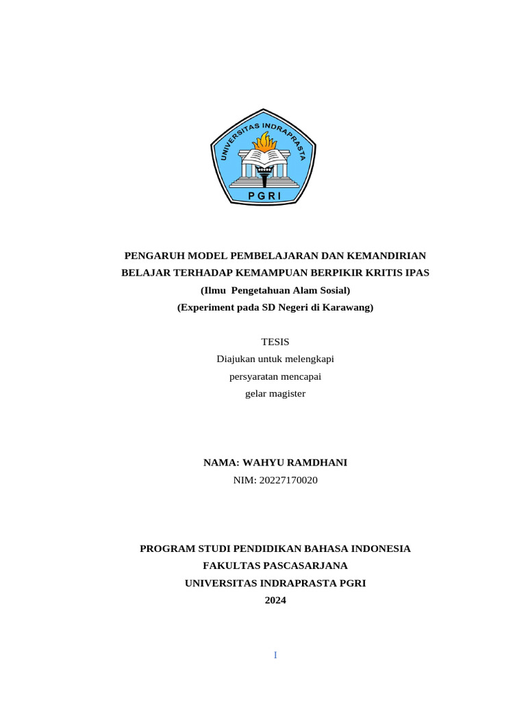 PENGARUH MODEL PEMBELAJARAN DAN KEMANDIRIAN BELAJAR TERHADAP KEMAMPUAN BERPIKIR KRITIS IPAS ...