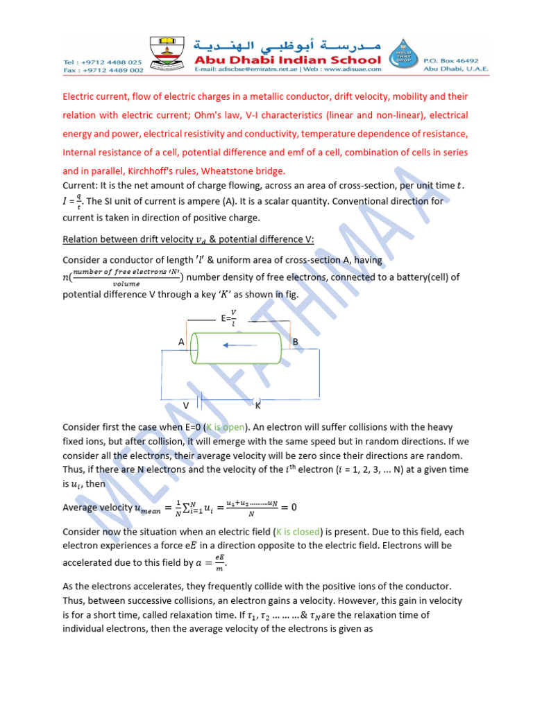 Notes Current Electricity | PDF