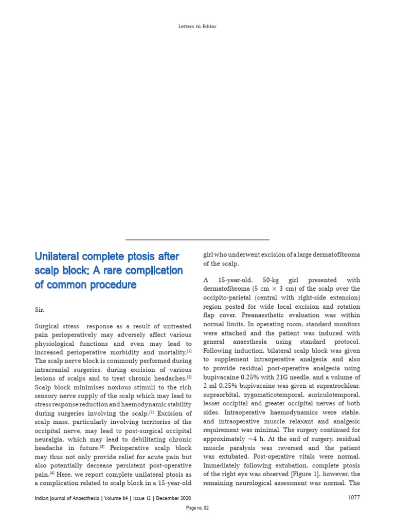 Unilateral Complete Ptosis After Scalp Block - A Rare Complication of Common Procedure | PDF