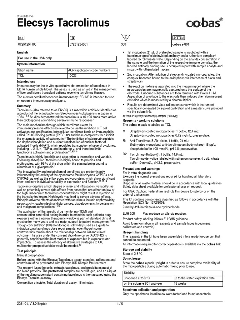 Insert - Elecsys Tacrolimus - ROCHE | PDF