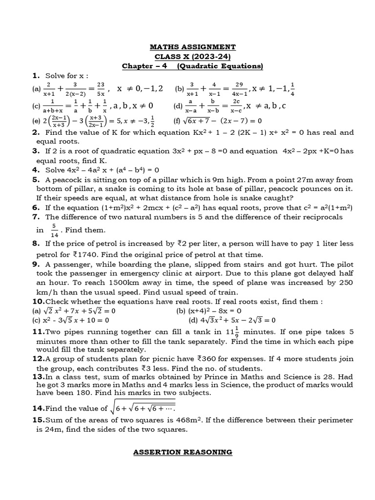 Maths X As CH4 Quadratic Equations 202425 | PDF