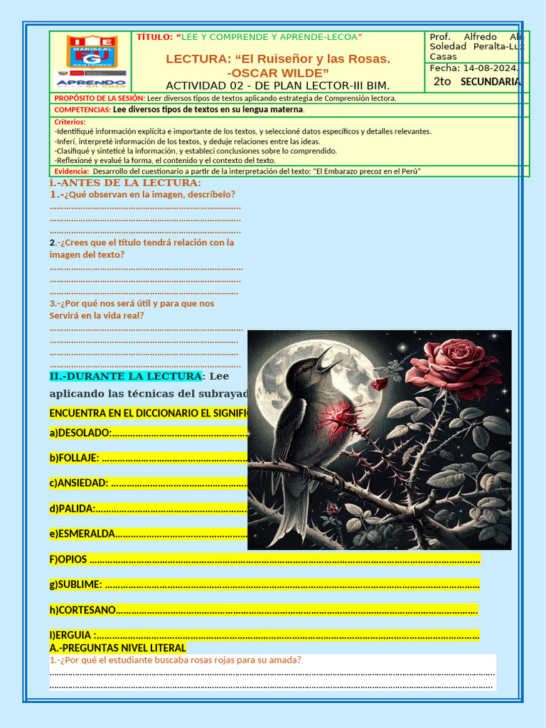 Lectura 02-2°secundaria - La Rosa y El Ruiseñor-14-08-2024-Megu | PDF