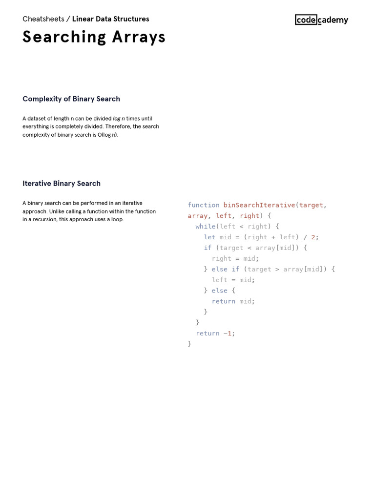 Linear Data Structures - Searching Arrays Cheatsheet - Codecademy | PDF