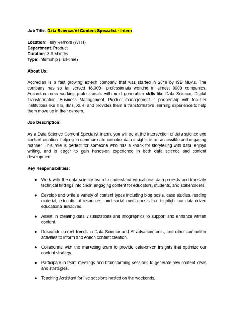 JD - Data Science Content Specialist - Intern | PDF