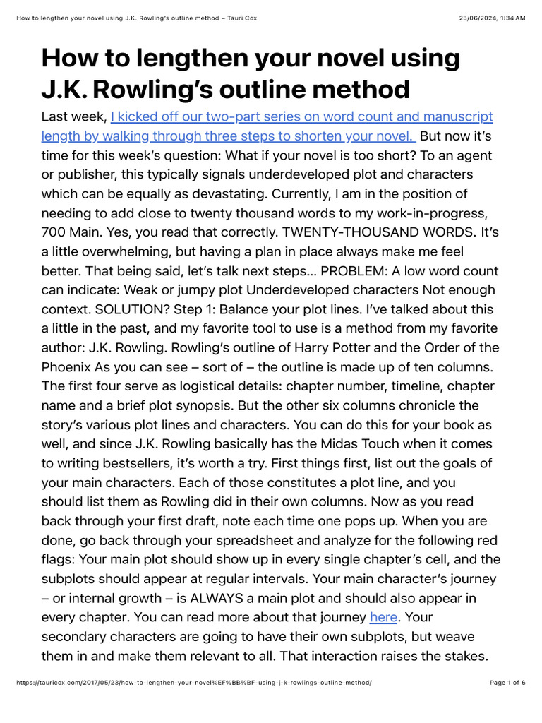 How To Lengthen Your Novel Using J.K. Rowling's Outline Method - Tauri Cox | PDF