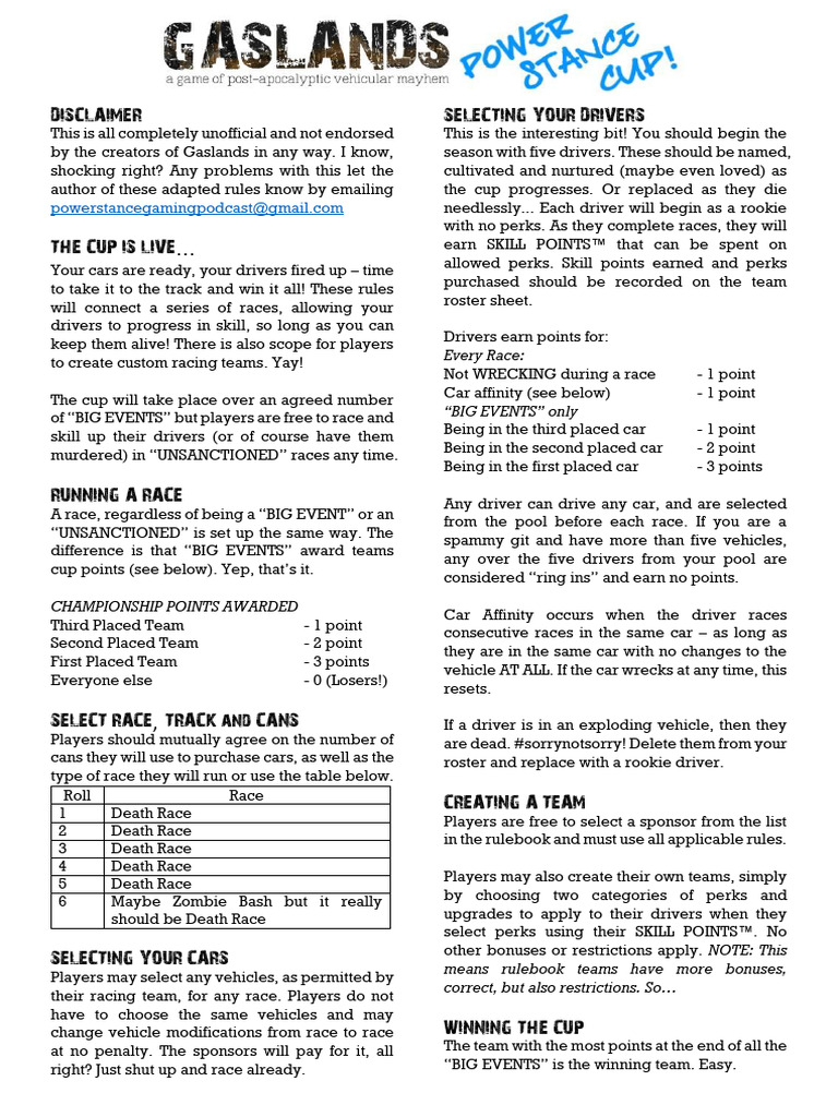 Gaslands Cup Rules 1.1 | PDF