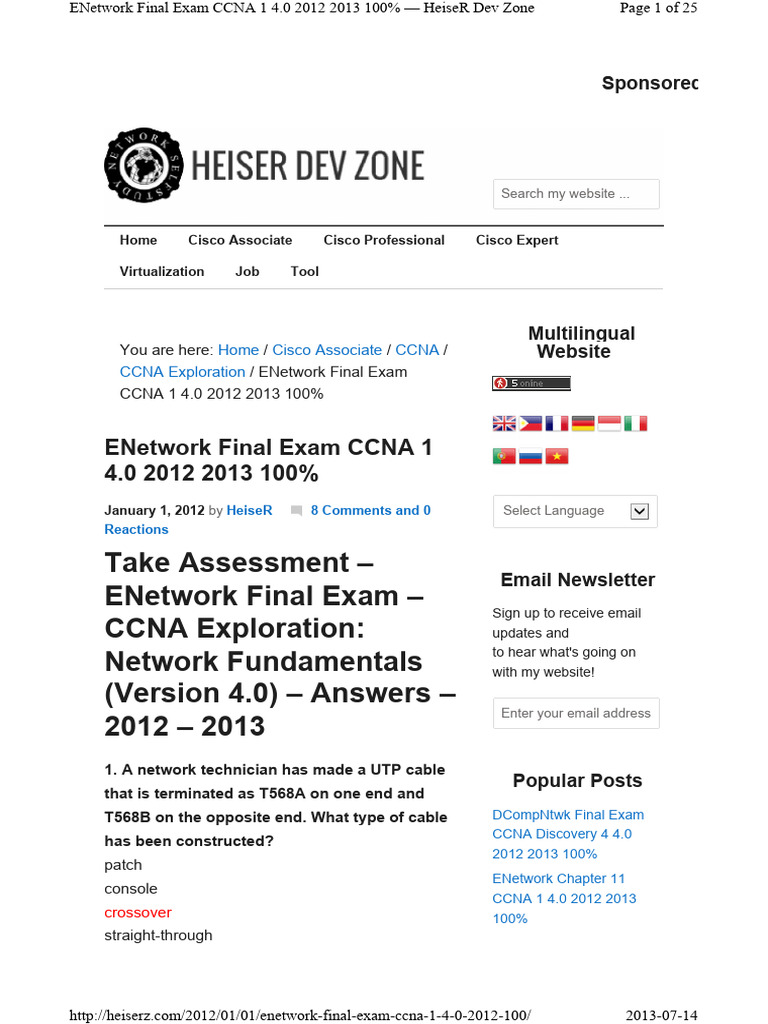 Enetwork Final Exam Ccna 1 4 0 201111111 | PDF