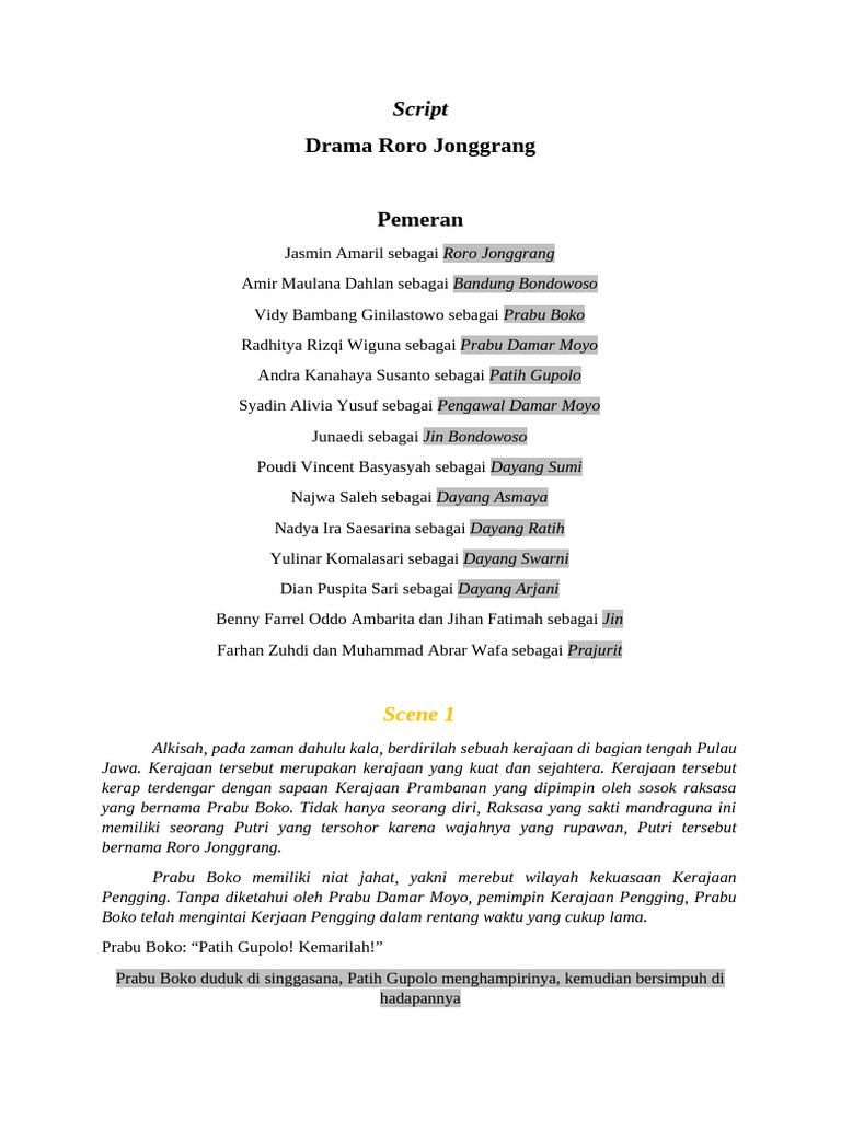 Script Roro Jonggrang | PDF